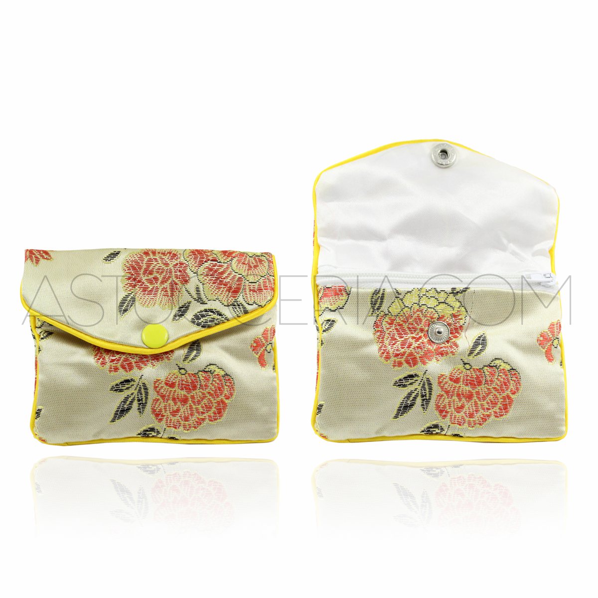 Sacchetti Regalo Pochette Di Raso Ricamato Con Zip 7x8cm 12 pezzi Beige